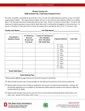 Fillable Online wayne osu Wayne County 4-H 2020 Activity Fee / Club ...