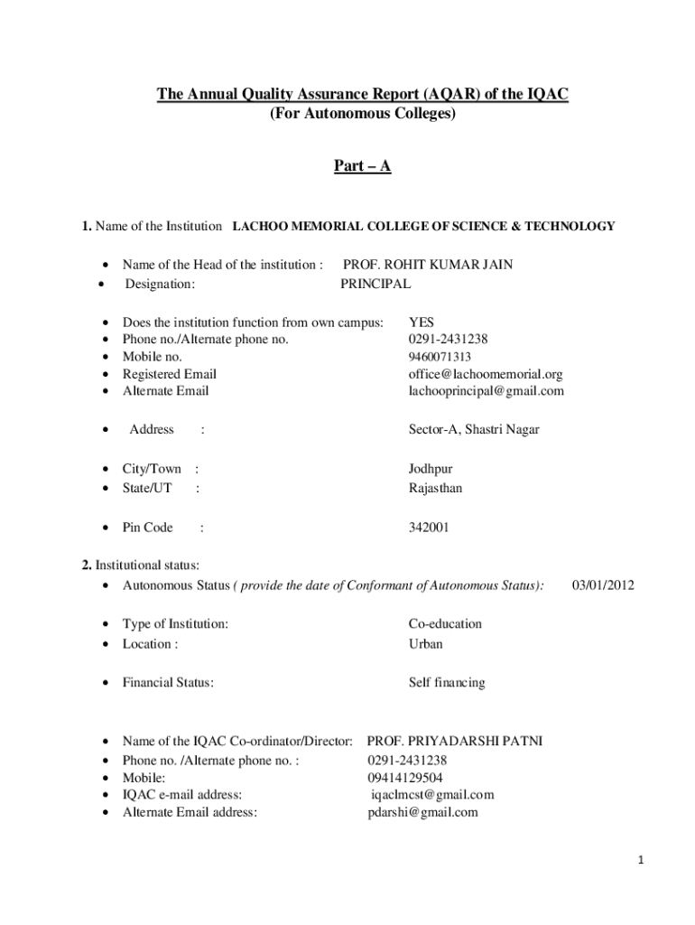 Fillable Online B The Annual Quality Assurance Report (AQAR) of the ...