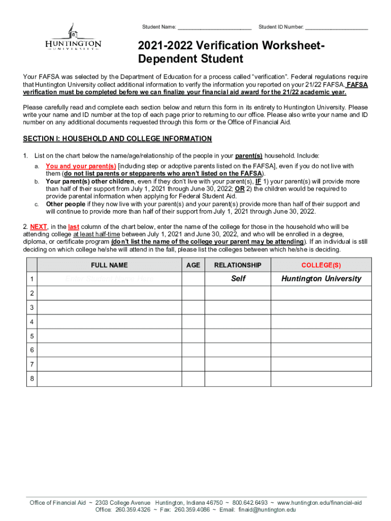 Fillable Online 2021-2022 Verification Worksheet- Dependent Student Fax Email Print - pdfFiller