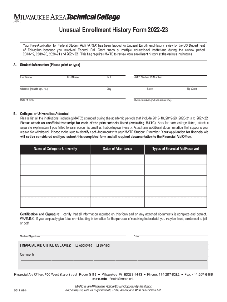 Fillable Online Unusual Enrollment History Form 2022-23 - MATC Fax Email Print - pdfFiller
