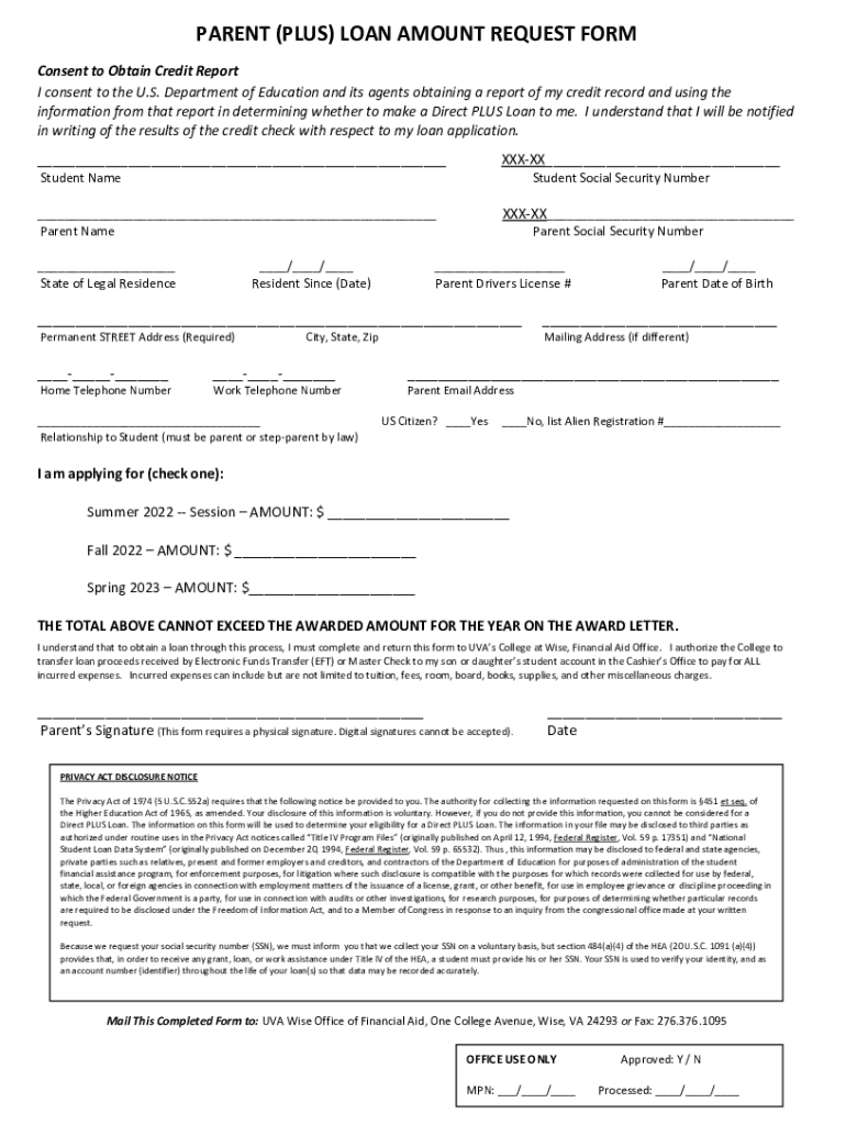 Fillable Online PARENT (PLUS) LOAN AMOUNT REQUEST FORM - UVA Wise Fax ...