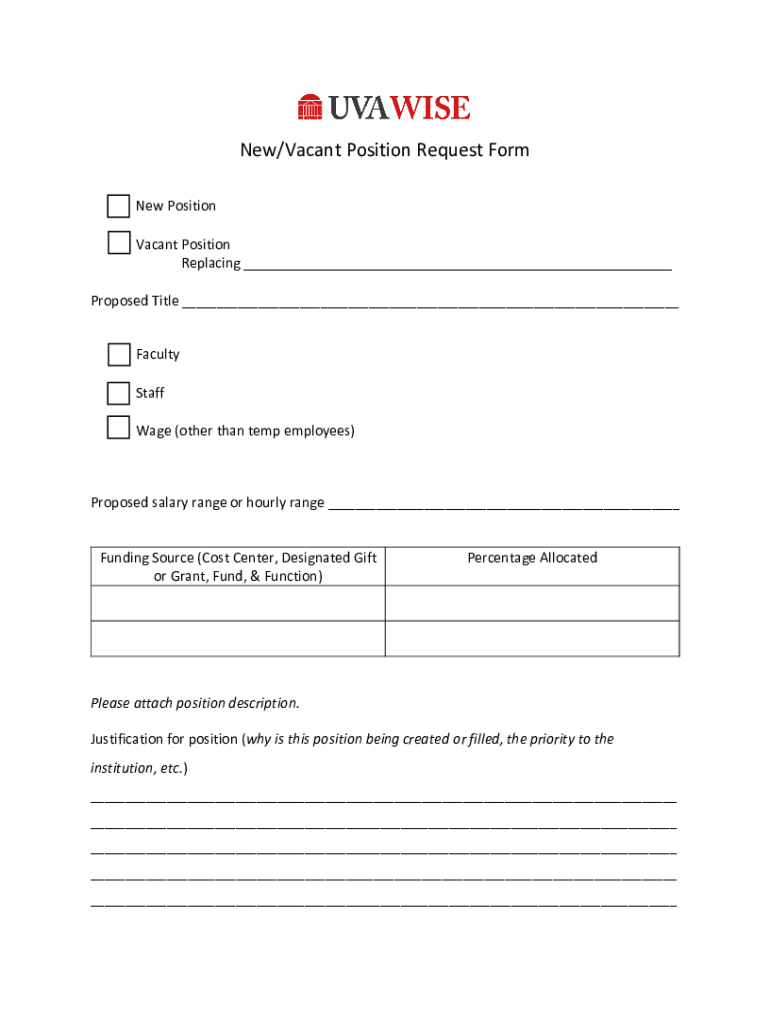 Fillable Online New/Vacant Position Request Form - UVA Wise Fax Email ...