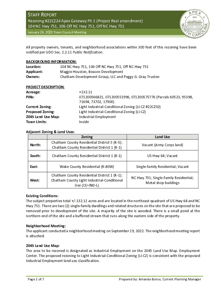 Fillable Online STAFF REPORT - Rezoning #22CZ24 Apex Gateway Ph 1 ...