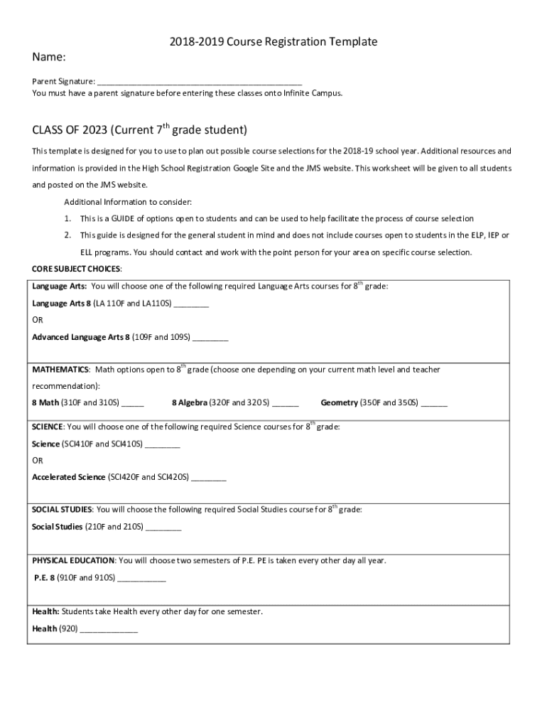 Fillable Online 2019-2020 Course Registration Template CLASS OF 2024 ...