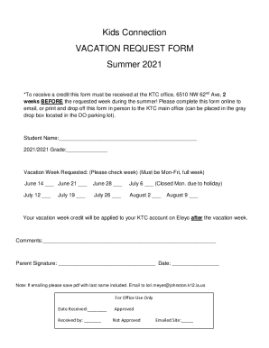 Fillable Online Kids Connection VACATION REQUEST FORM Summer 2021 Fax ...