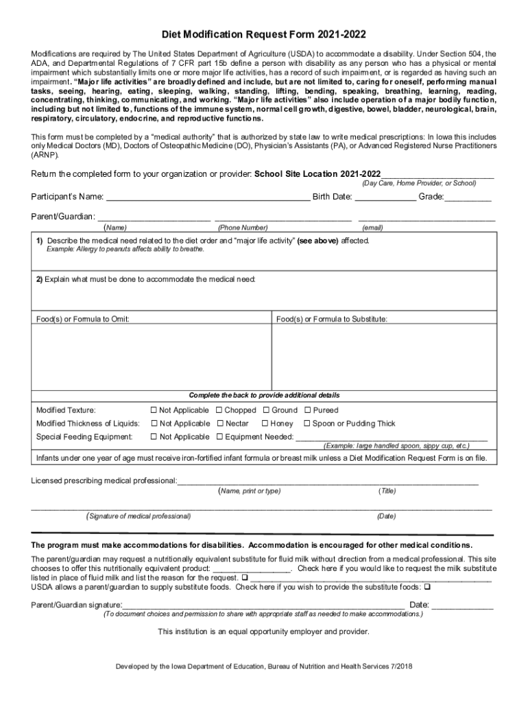 Fillable Online Diet Modification Request Form 2021-2022 Fax Email Print - pdfFiller