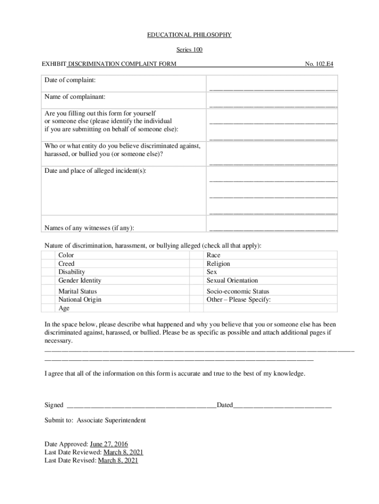 Fillable Online 102.E4-Discrimination-Complaint-Form.pdf Fax Email Print - pdfFiller