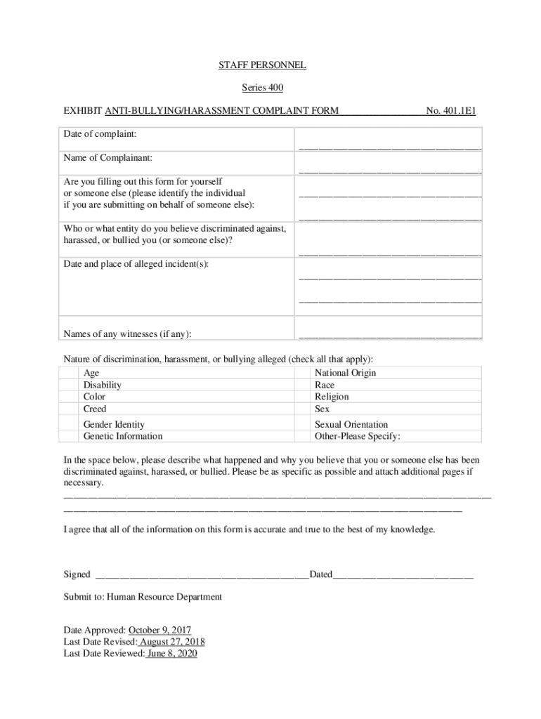 Fillable Online EXHIBIT ANTI-BULLYING/HARASSMENT COMPLAINT FORM Fax Email Print - pdfFiller