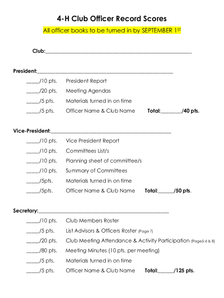 Fillable Online 4-H Secretary's Record Book Score SheetWVU Extension ...