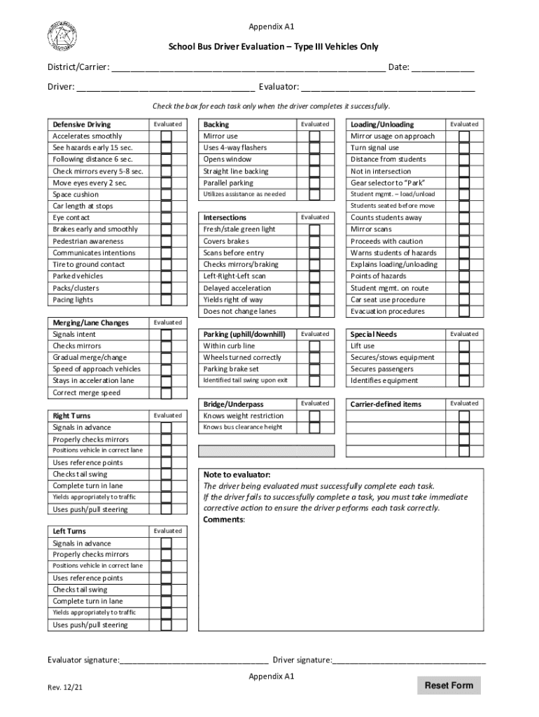 Fillable Online School Bus Driver EvaluationType III Vehicles Only Fax ...