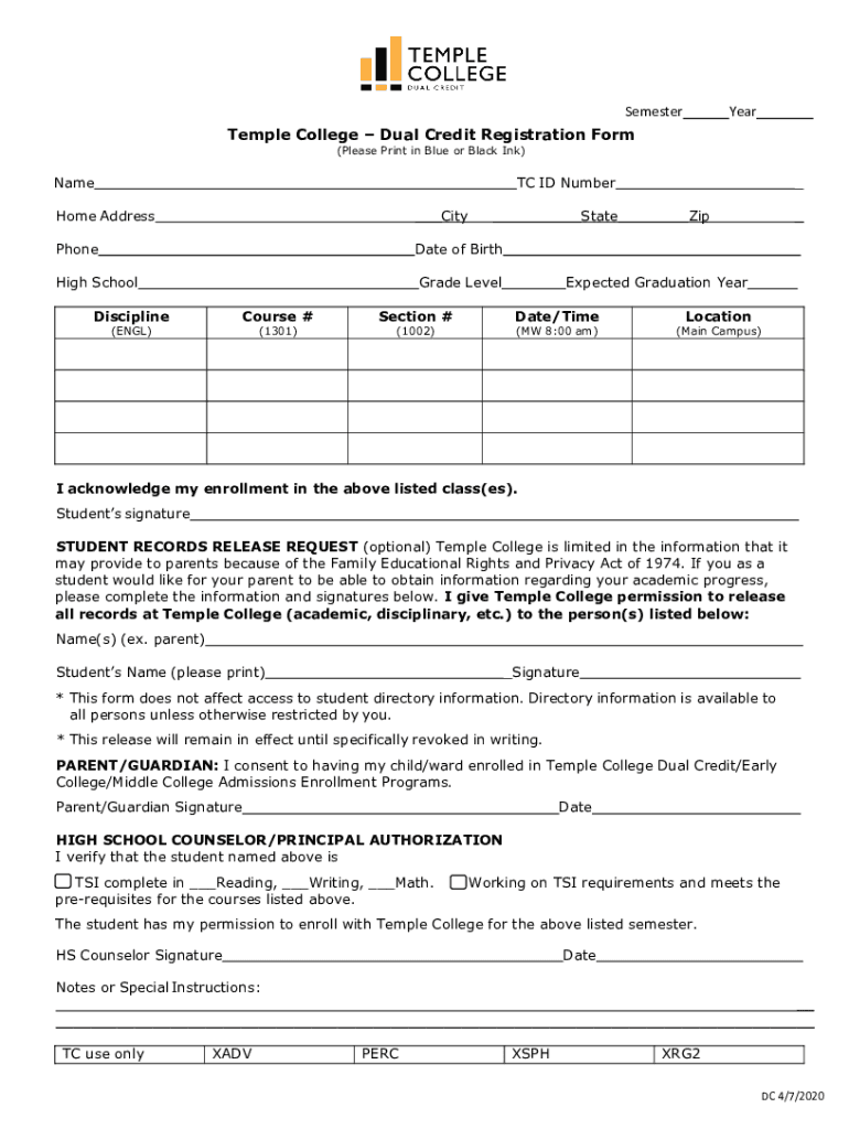 Fillable Online Semester Year Temple CollegeDual Credit Registration Form Fax Email Print ...