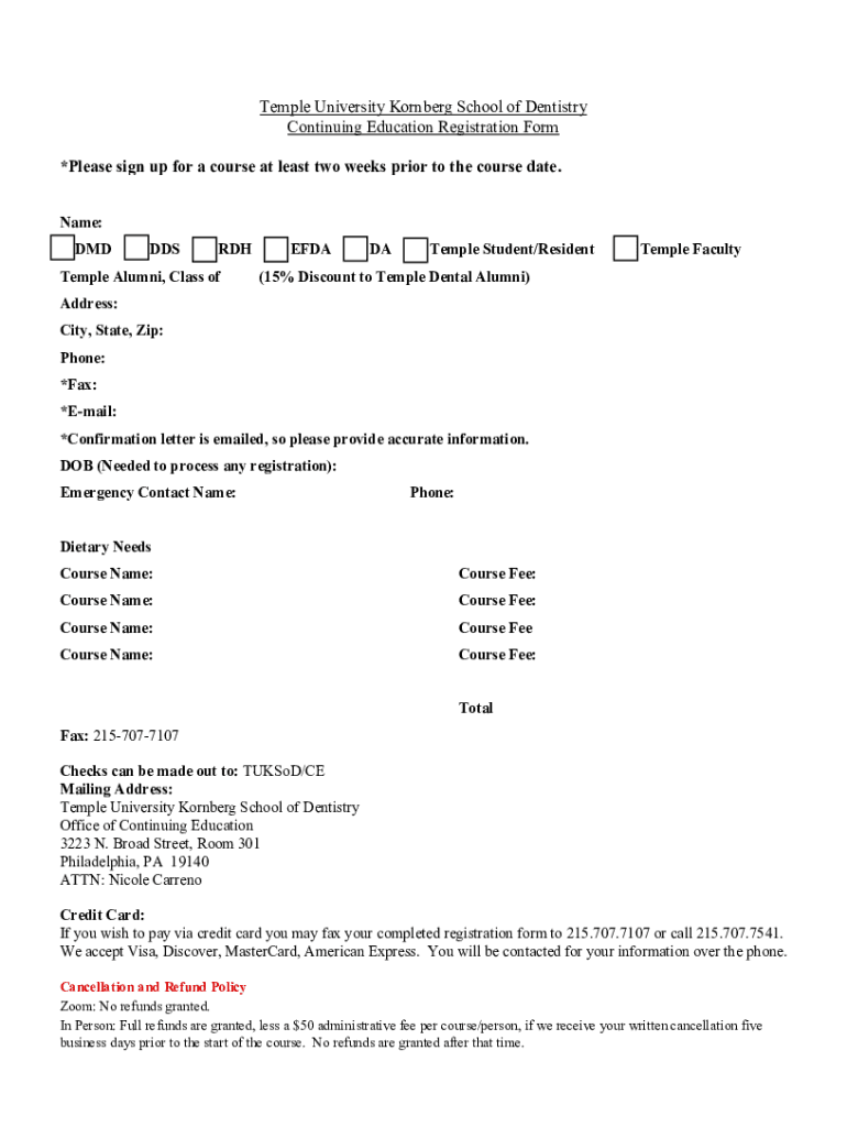 Fillable Online dentistry temple Registration Form - Kornberg School of ...