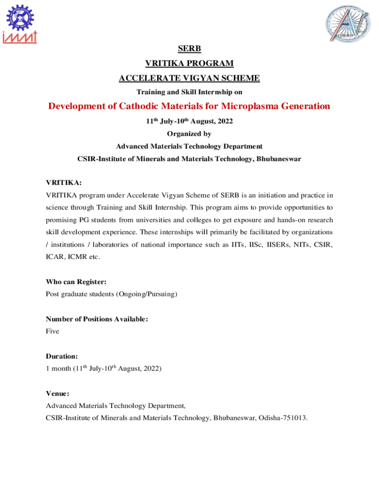 Fillable Online Vritika I Accelerate Vigyan Scheme by SERB I Research ...