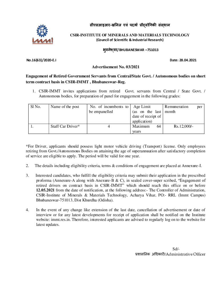 Fillable Online CSIR - Institute of Minerals and Materials Technology Fax Email Print - pdfFiller