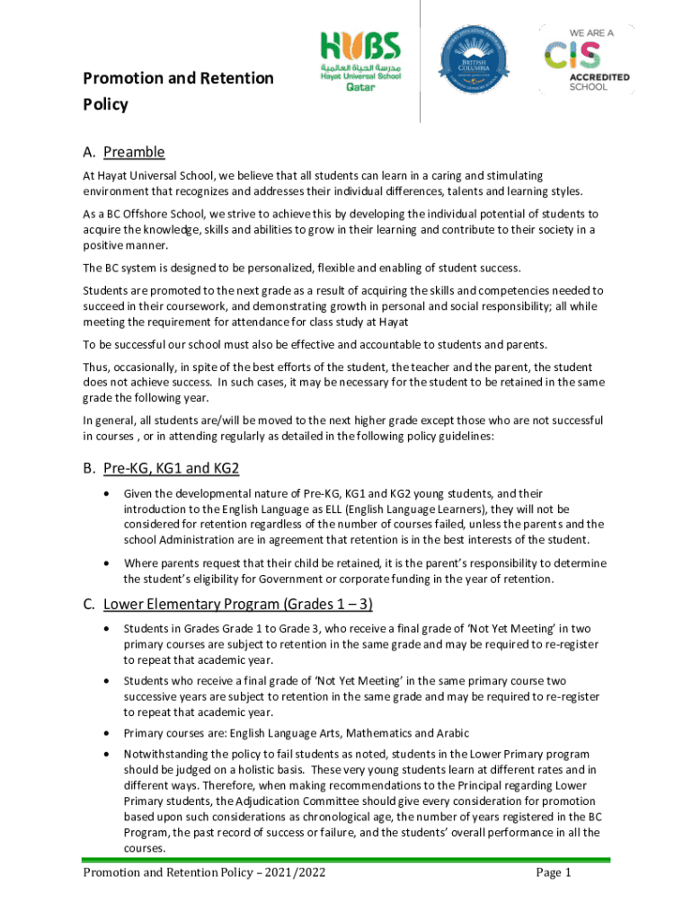 Fillable Online Promotion and Retention Policy - Hayat Bilingual School ...