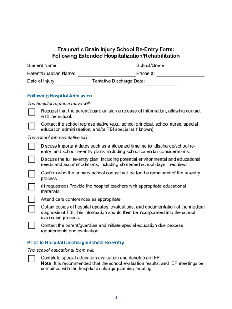 Fillable Online Traumatic Brain Injury School Re-Entry Form Fax Email ...