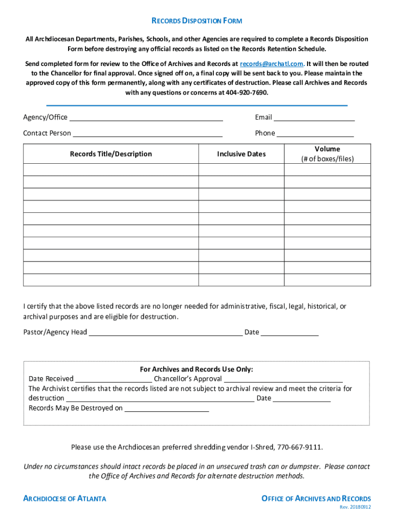 Fillable Online Records Disposition Form - Archdiocese of Atlanta Fax ...