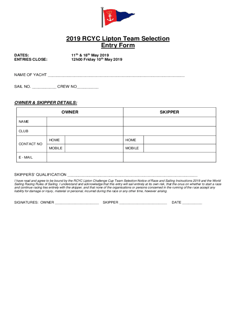 Fillable Online lipton cup entry form - San Diego Yacht Club Fax Email ...