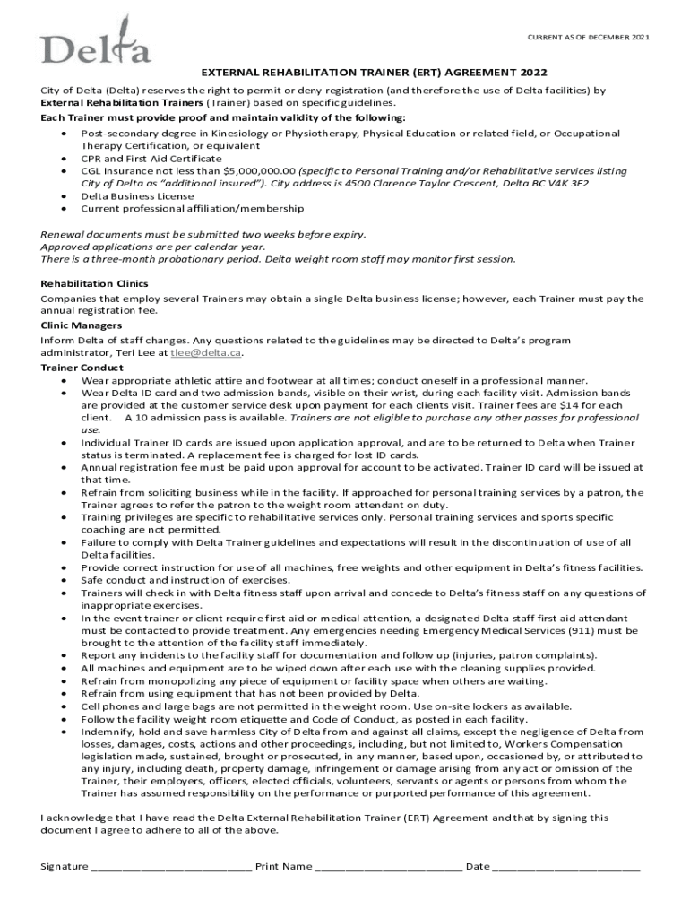 Fillable Online External Rehabilitation Trainer Agreement - City of Delta Fax Email Print ...