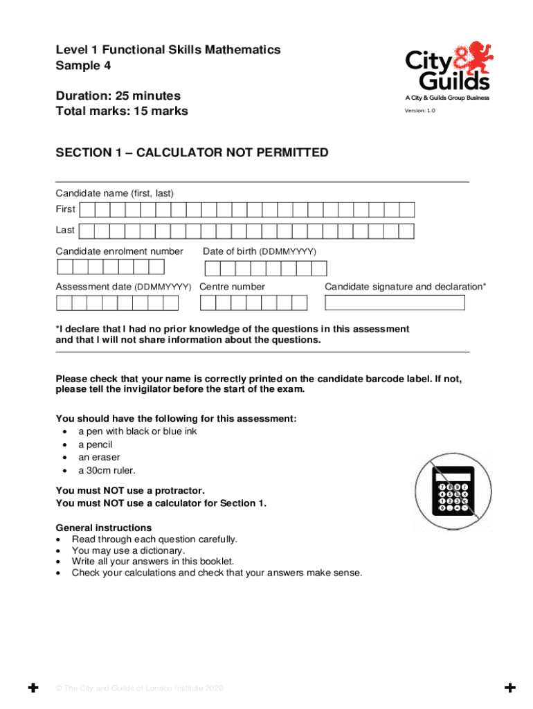 Fillable Online Level 1 Functional Skills Mathematics Sample Paper 1 ...
