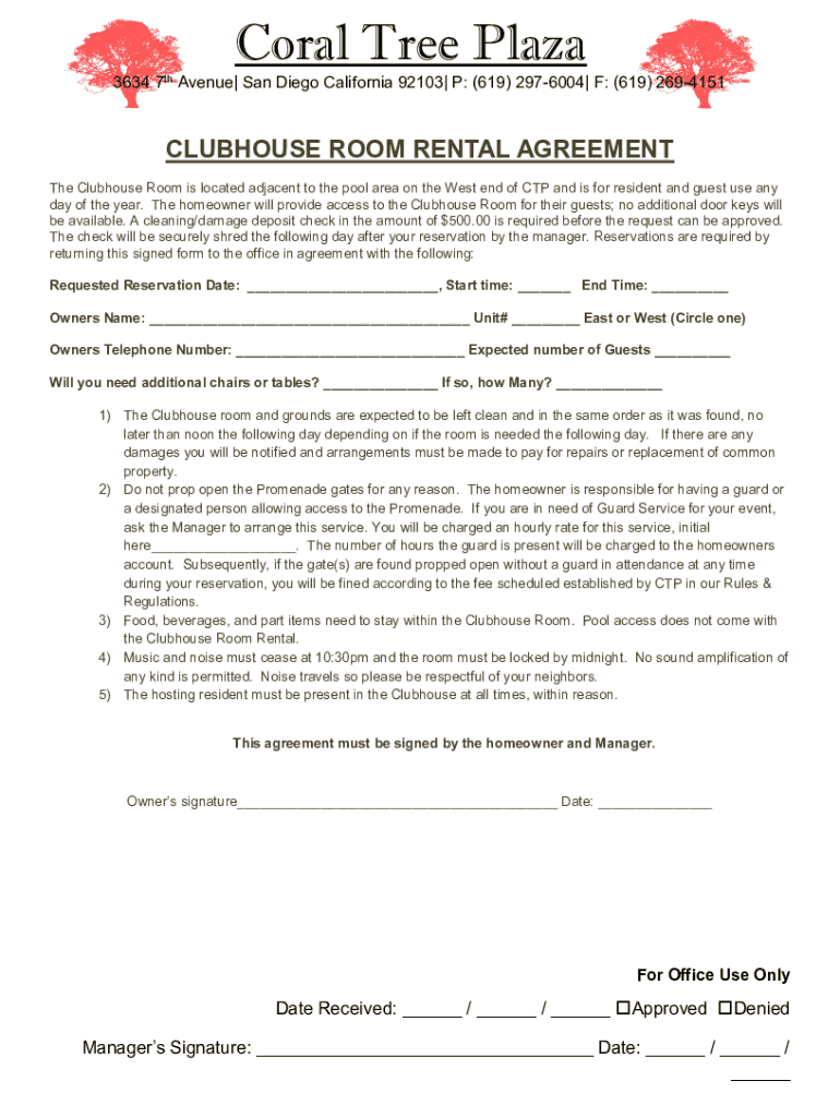 Fillable Online Clubhouse Room Rental Agreement - Coral Tree Plaza Fax ...