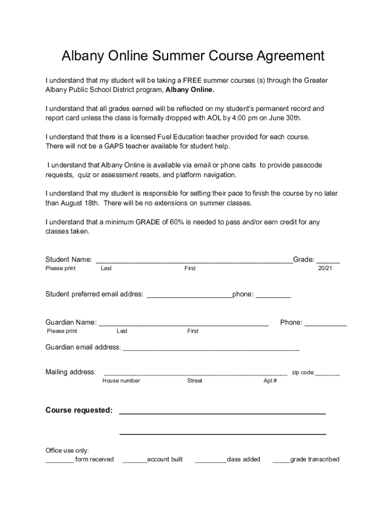 Fillable Online Summer Course Agreement Fax Email Print - pdfFiller