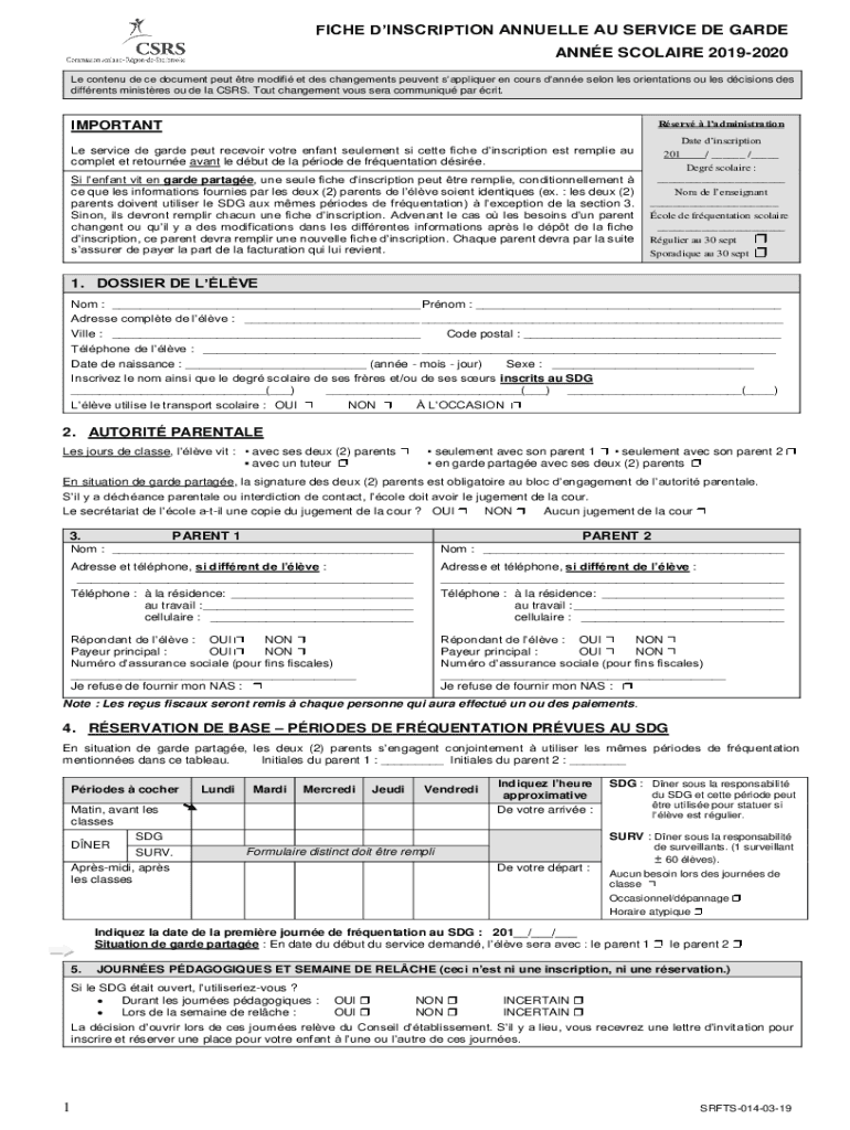 Remplissable En Ligne FICHE D INSCRIPTION SERVICE DE GARDE EN MILIEU Fax Email Imprimer - pdfFiller