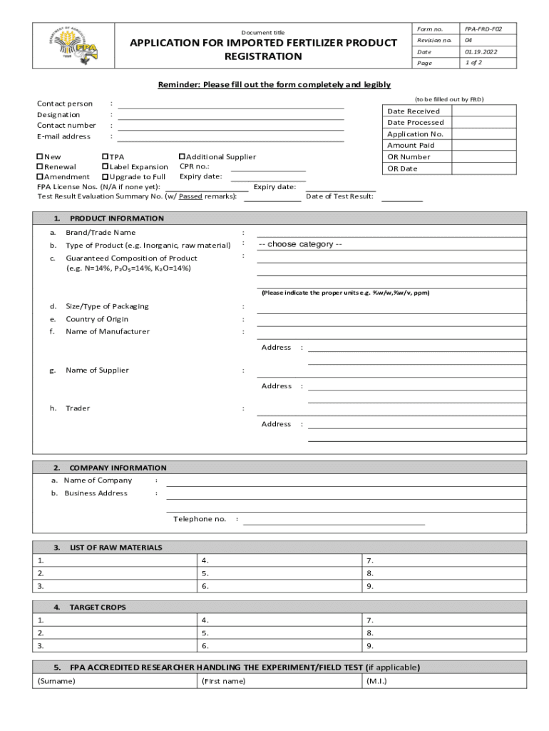 Fillable Online FPA-FRD-F02 Application for Imported Fertilizer Product ...