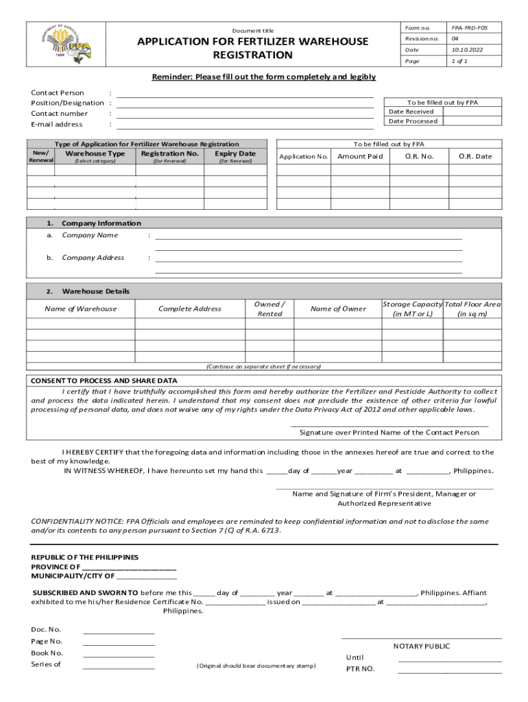 Fillable Online FPA-FRD-F05 Application for Fertilizer Warehouse ...