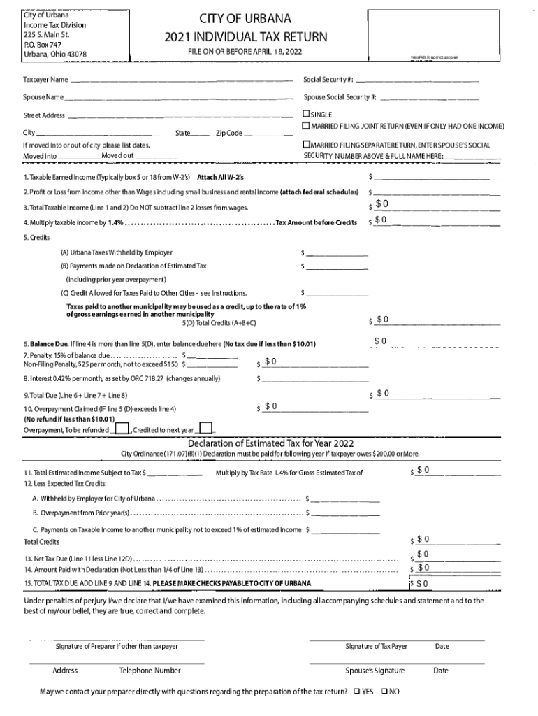 Fillable Online CITY OF URBANA 2021 INDIVIDUAL TAX RETURN Fax Email Print - pdfFiller