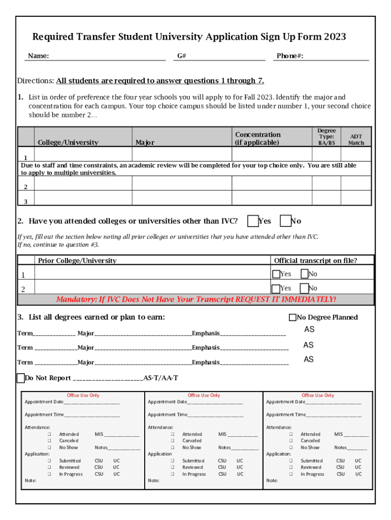 Fillable Online Required Transfer Student University Application Sign ...