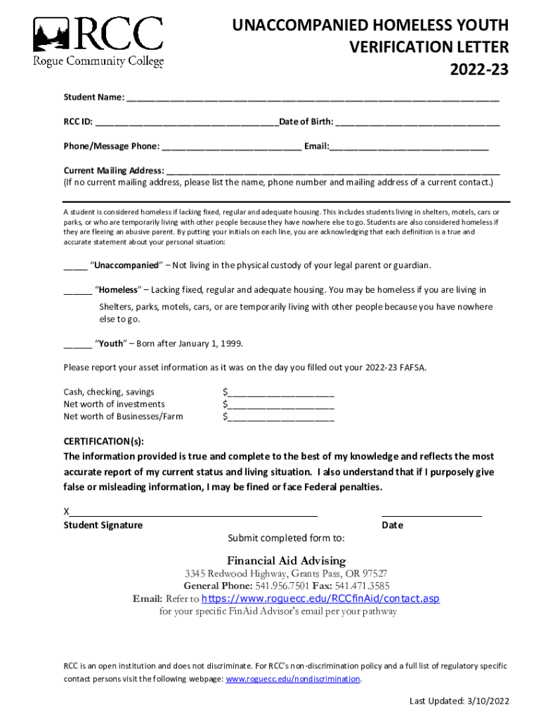 Fillable Online RCC Financial Aid Unaccompanied Homeless Youth Verification Letter Fax Email ...
