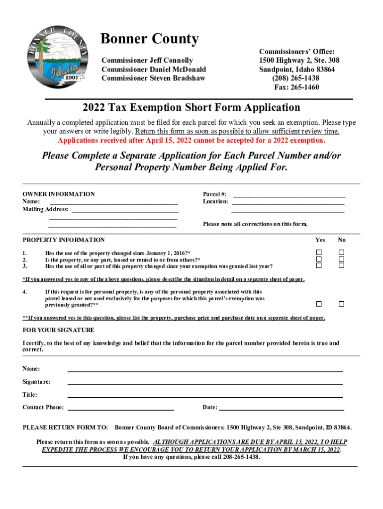Fillable Online 2021 Tax Exemption Short Form Application - Bonner County Fax Email Print ...