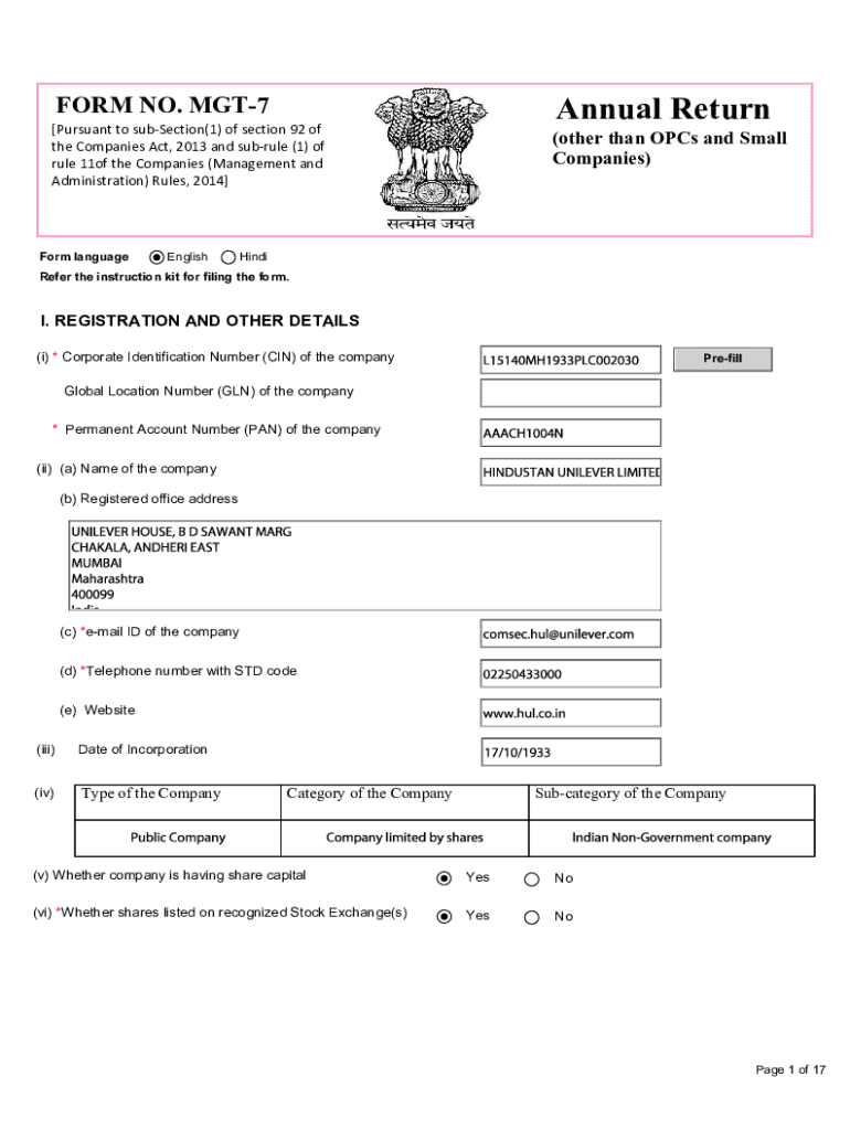 Fillable Online HUL Form MGT7FY 2020-21. HUL Form MGT7FY 2020-21 Fax ...