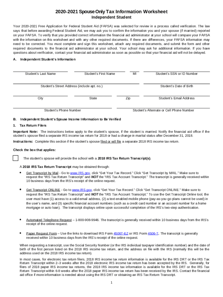 2020-2021 Verification Worksheet Untaxed Income/Independent ... Doc Template | pdfFiller