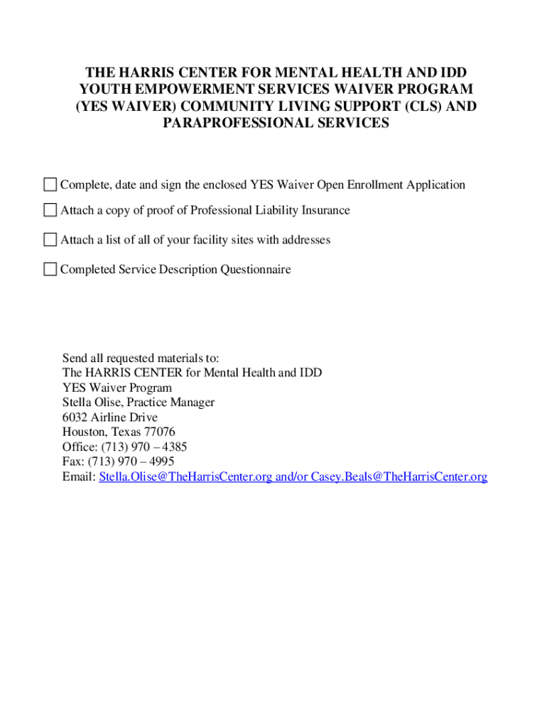 Fillable Online Youth Empowerment Services (YES) Waiver - Integral Care ...