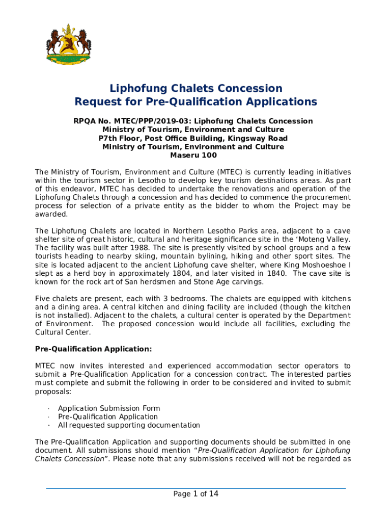 Liphofung Chalets Concession Request for Pre- ... Doc Template | pdfFiller
