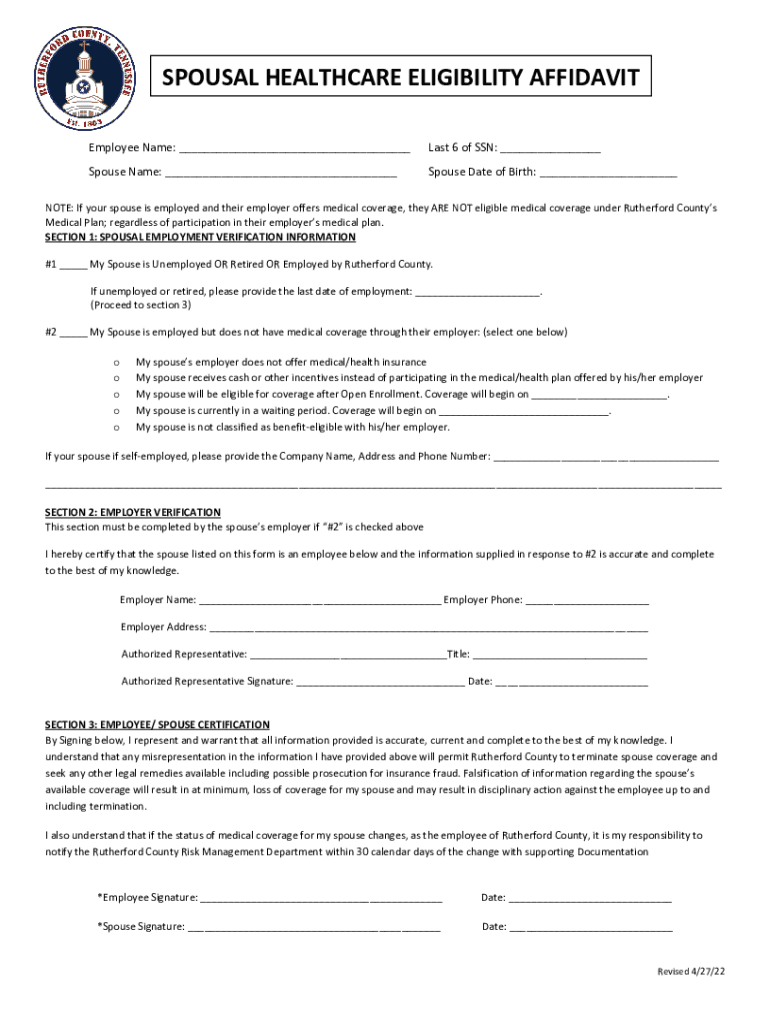 Fillable Online Affidavit of Spousal Health Care CoverageBradley ...