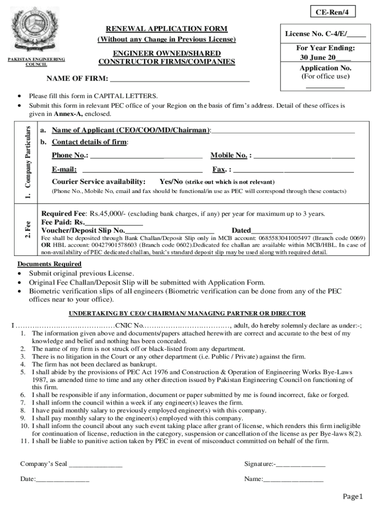Fillable Online pec org renewal application form - Pakistan Engineering ...
