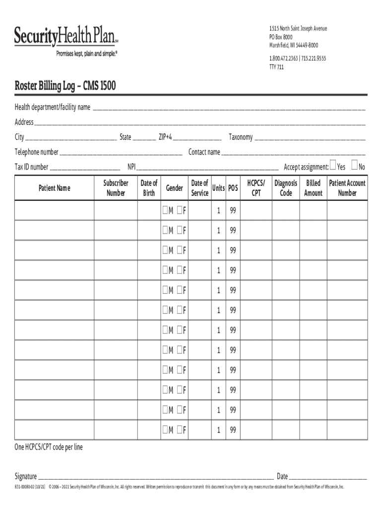 Fillable Online Roster Billing LogCMS 1500 - Security Health Plan Fax ...
