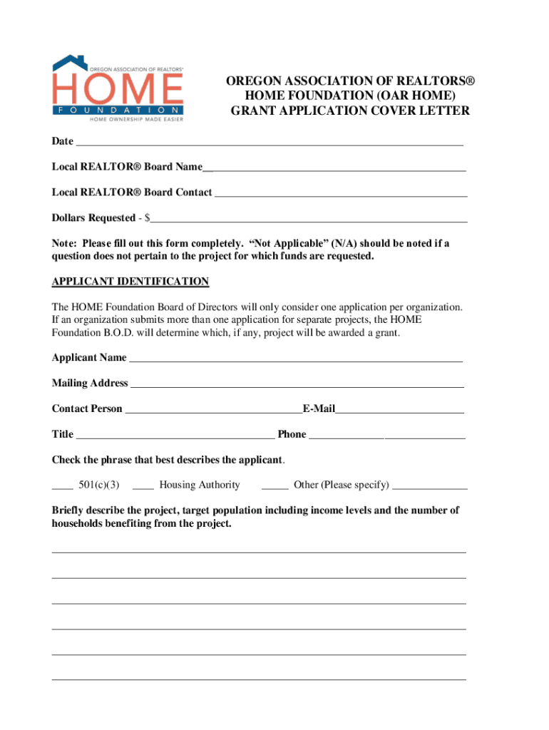 Fillable Online Home Foundation (OAR Home) Grant Application Cover ...