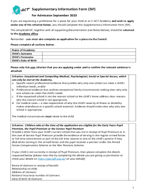 Fillable Online Supplementary information forms for new reception ...