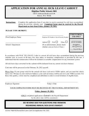 Fillable Online APPLICATION FOR ANNUAL SICK LEAVE CASHOUT Fax Email Print - pdfFiller