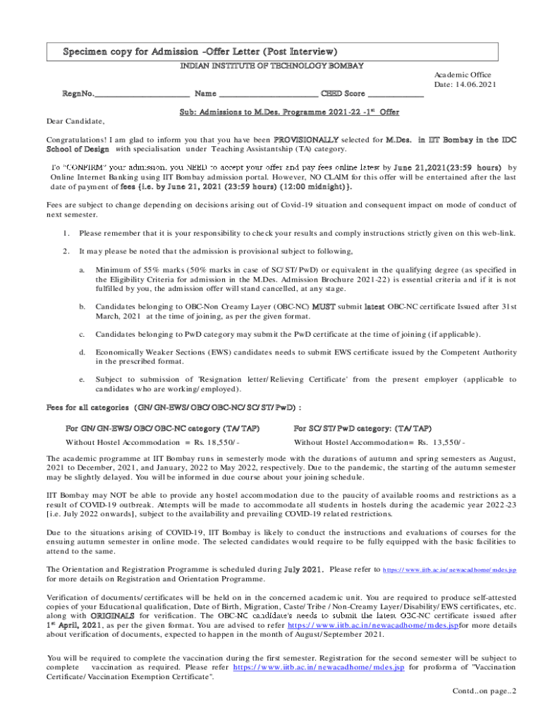 Fillable Online Specimen copy for Admission Offer Letter (Post ...