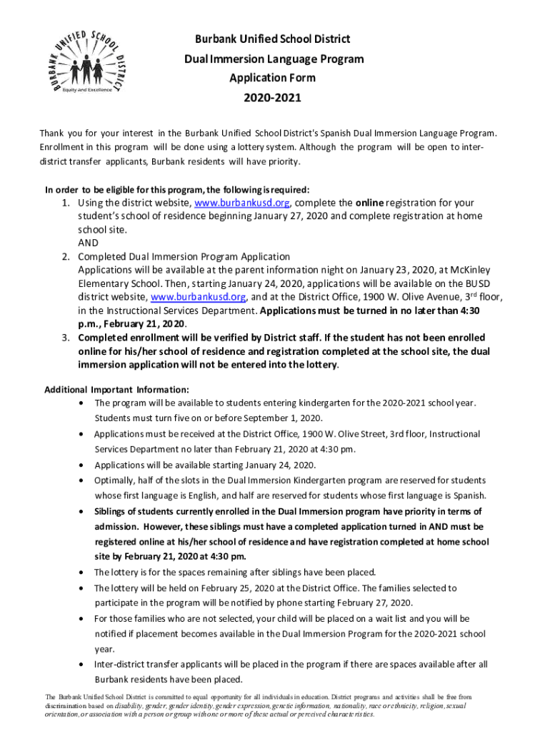 Fillable Online Dual Immersion Language Program Application Form 2020 ...