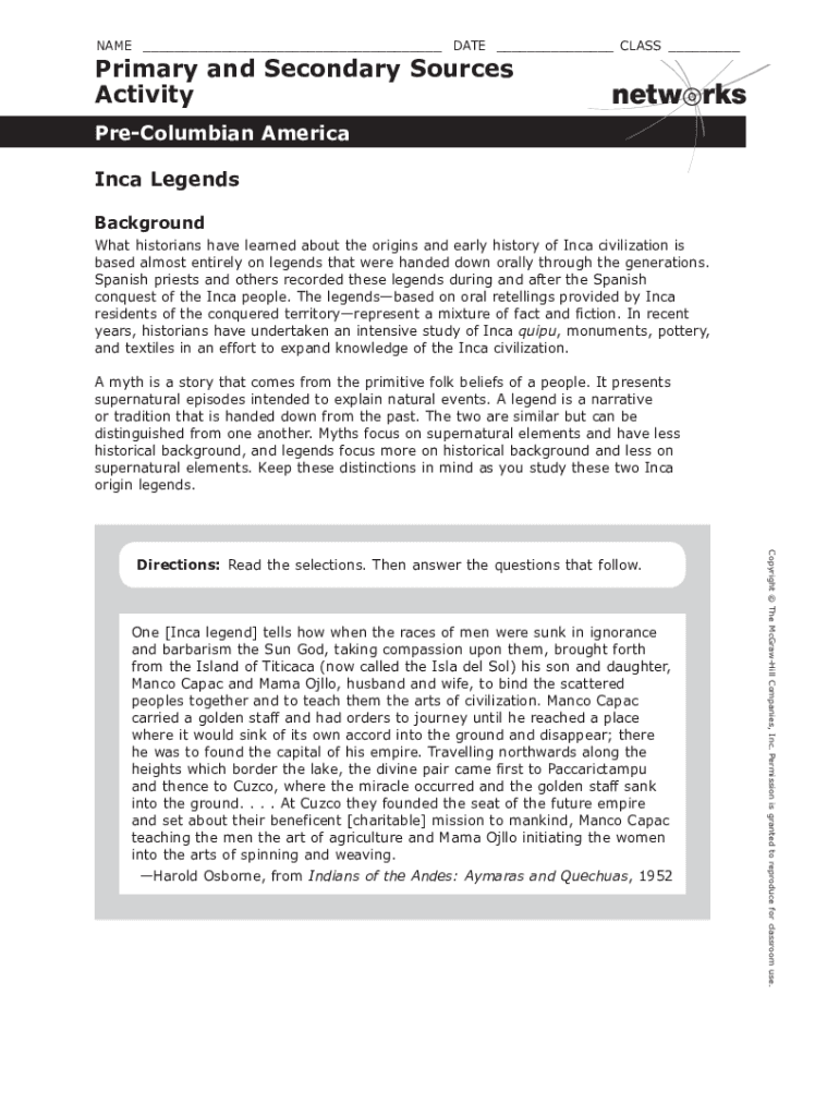 Fillable Online Primary and Secondary Sources Activity: Inca Legends ...