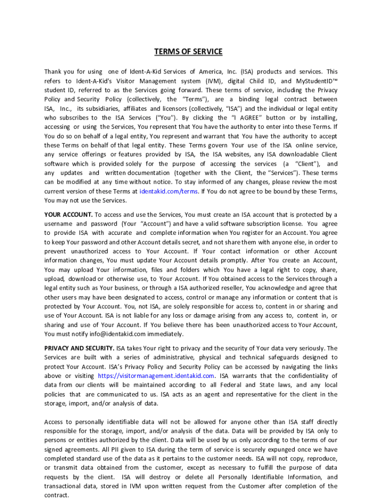 Fillable Online Ident-A-Kid - TERMS OF SERVICE Fax Email Print - pdfFiller