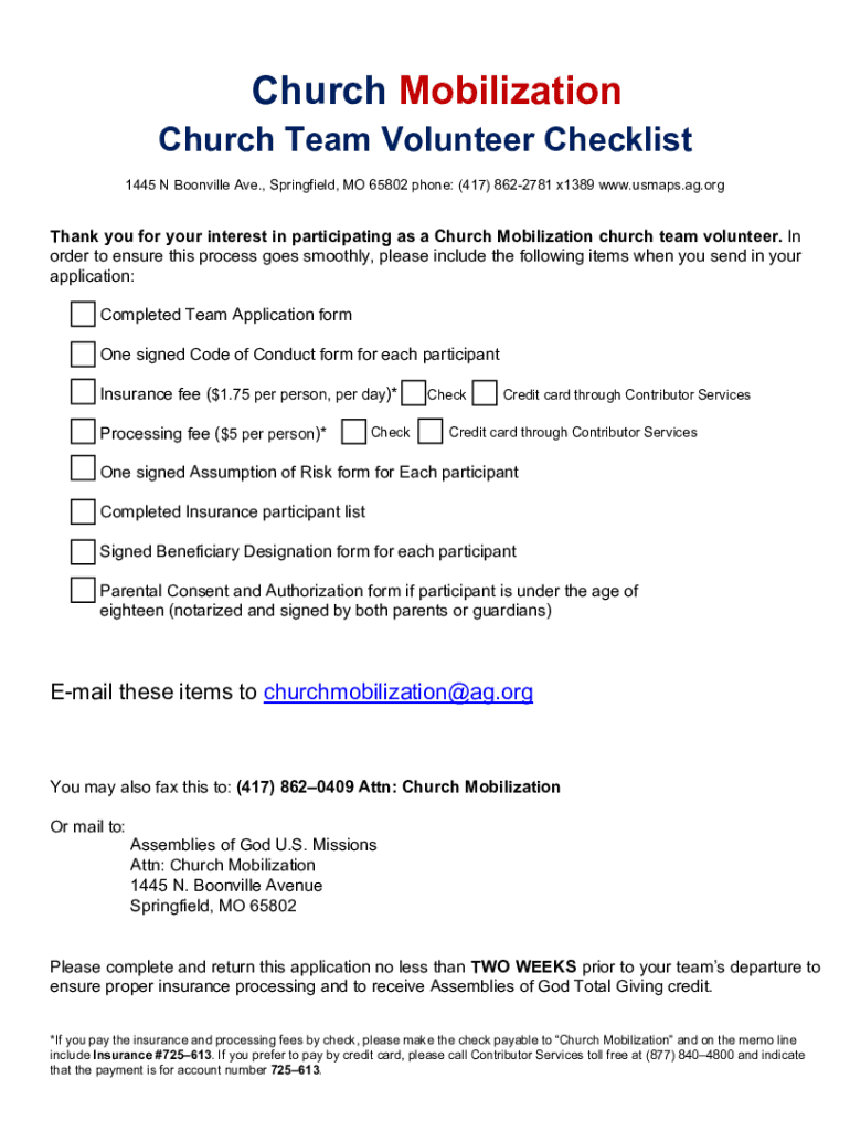 Fillable Online Church Teams - Church Mobilization - Assemblies of God ...