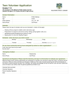 Fillable Online Teen Volunteer Application - Three Rivers Public ...