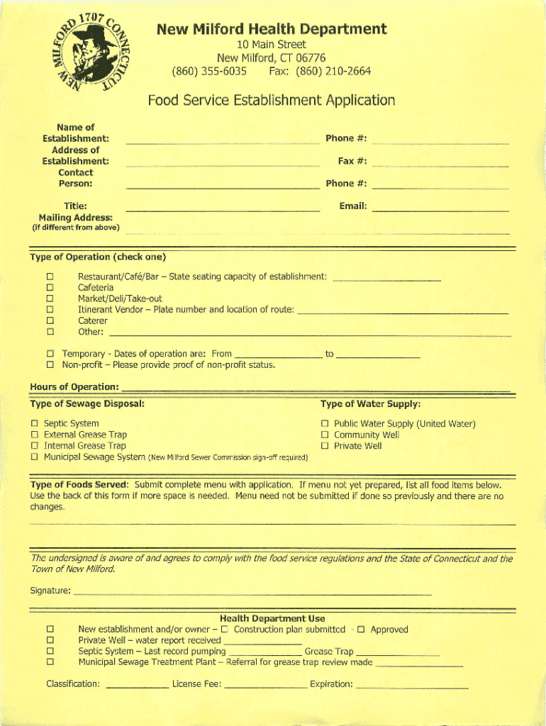 Fillable Online New Milford Health Department Food Service ...